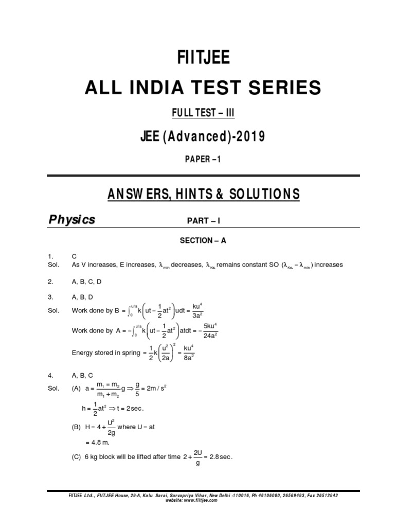 AITS 1819 FT III JEEA Paper 1 Sol PDF | PDF