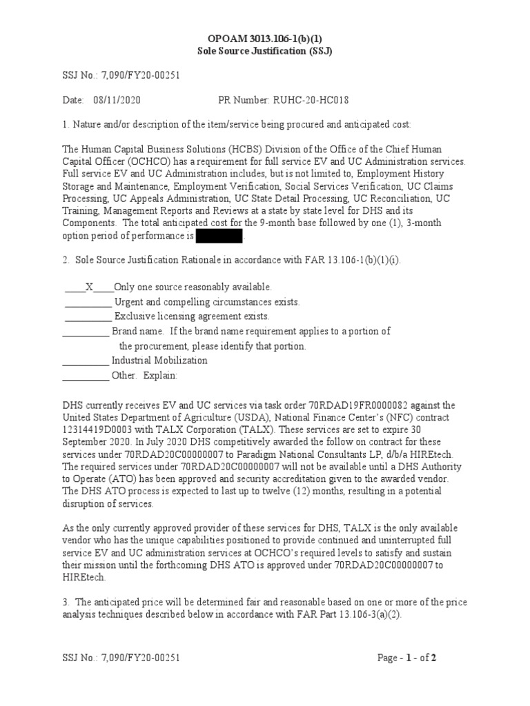 Sole Source Justification-Redacted | PDF | Economies | Business