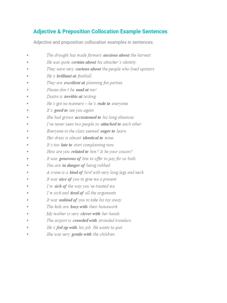 Adjective +preposition Collocation - Sentences | PDF