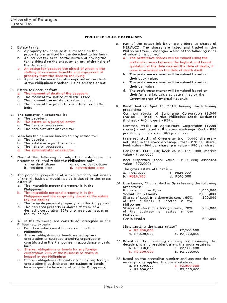 University of Batangas Estate Tax: Multiple Choice Exercises | PDF ...