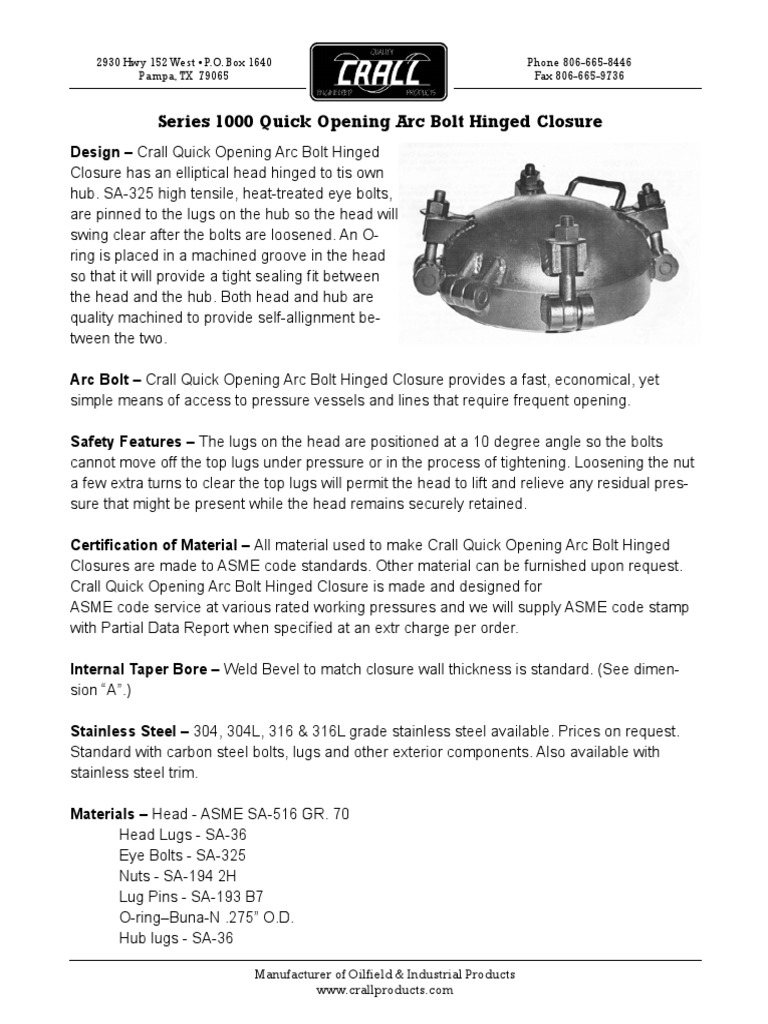 Crall Quick Opening Hinged Closure | PDF | Screw | Pipe (Fluid Conveyance)