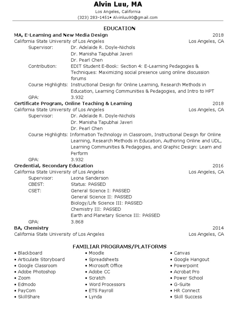 Alvin CV 2 | PDF | Teachers | Curriculum