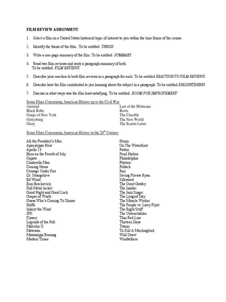 Film Review Assignment Summary Example | PDF