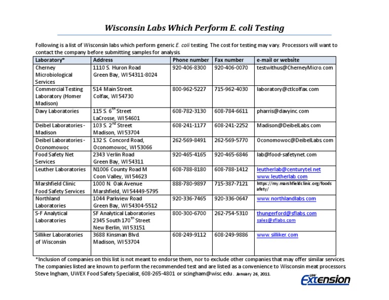 Wisconsin E. coli Testing Labs | PDF | Laboratories | Escherichia Coli