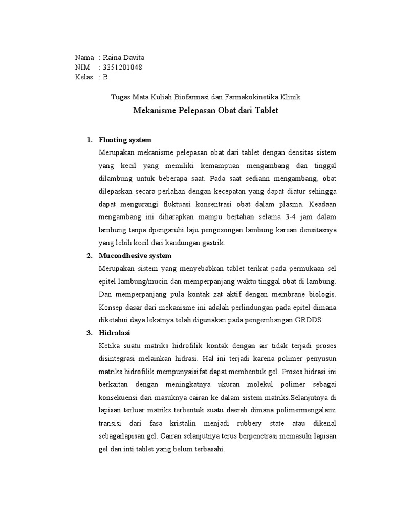 Mekanisme Pelepasan Obat Tablet | PDF