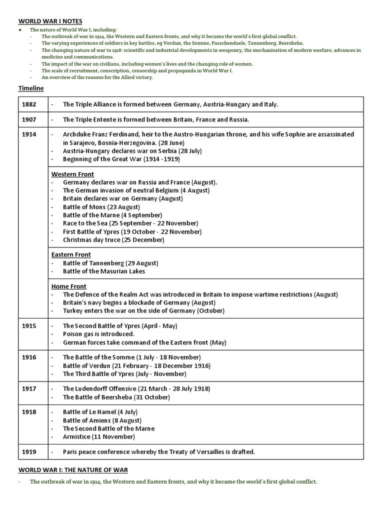 World War I Exam Notes | PDF | Western Front (World War I) | Trench Warfare