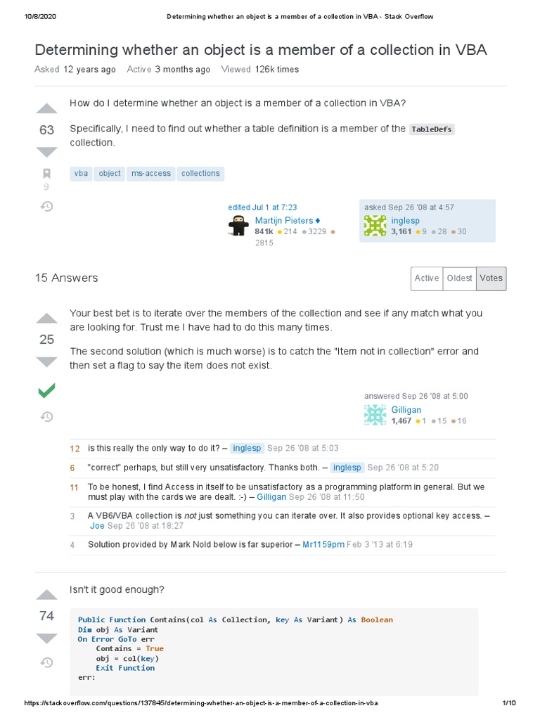 Determining Whether An Object Is A Member Of A Collection In Vba Stack Overflow Pdf 