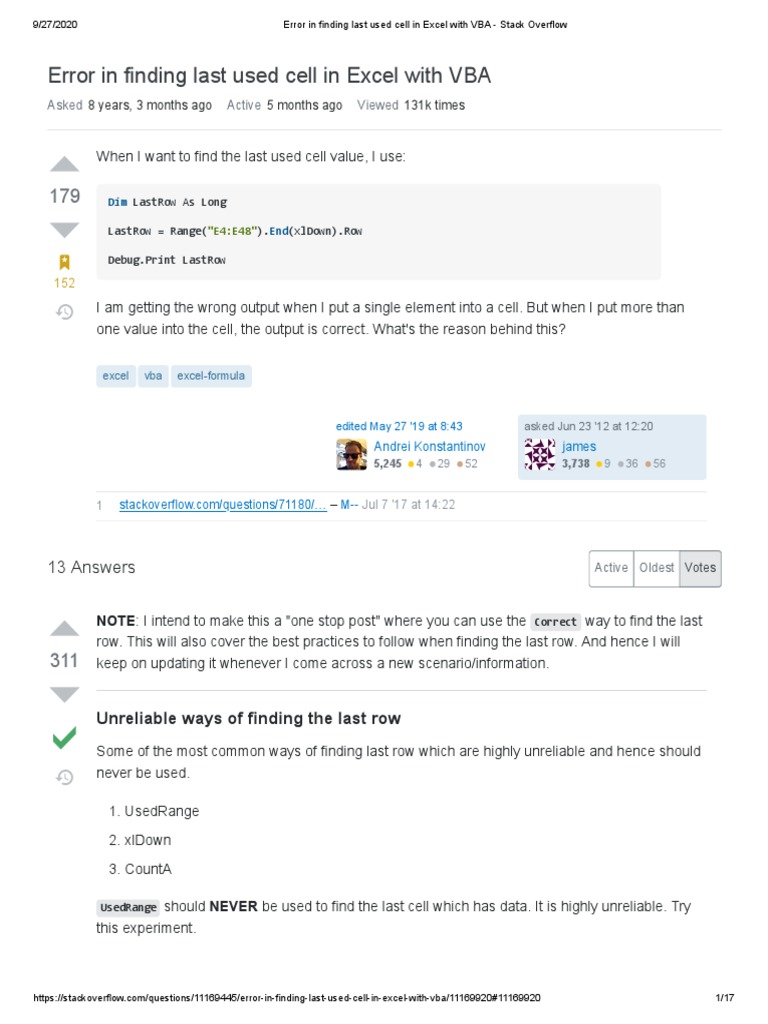 Error In Finding Last Used Cell In Excel With Vba Stack Overflow Pdf Microsoft Excel 