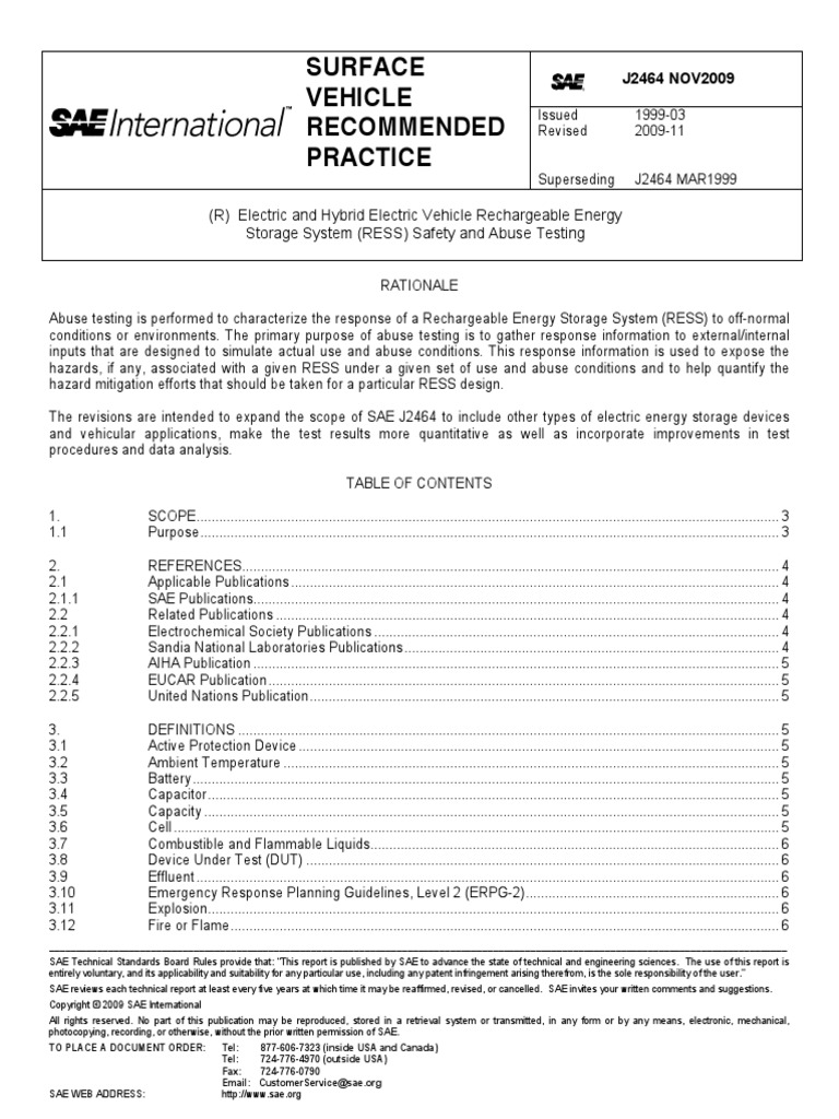 SAE J 2464 2009 电动和混合动力电动汽车充电储能安全和滥用试验 | PDF | Rechargeable Battery ...