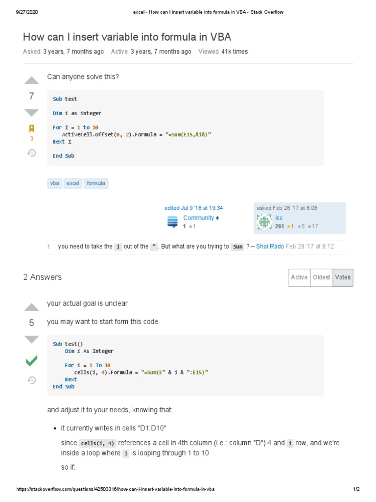 How Can I Insert Variable Into Formula in VBA: 2 Answers | PDF | Computer Programming | Software ...
