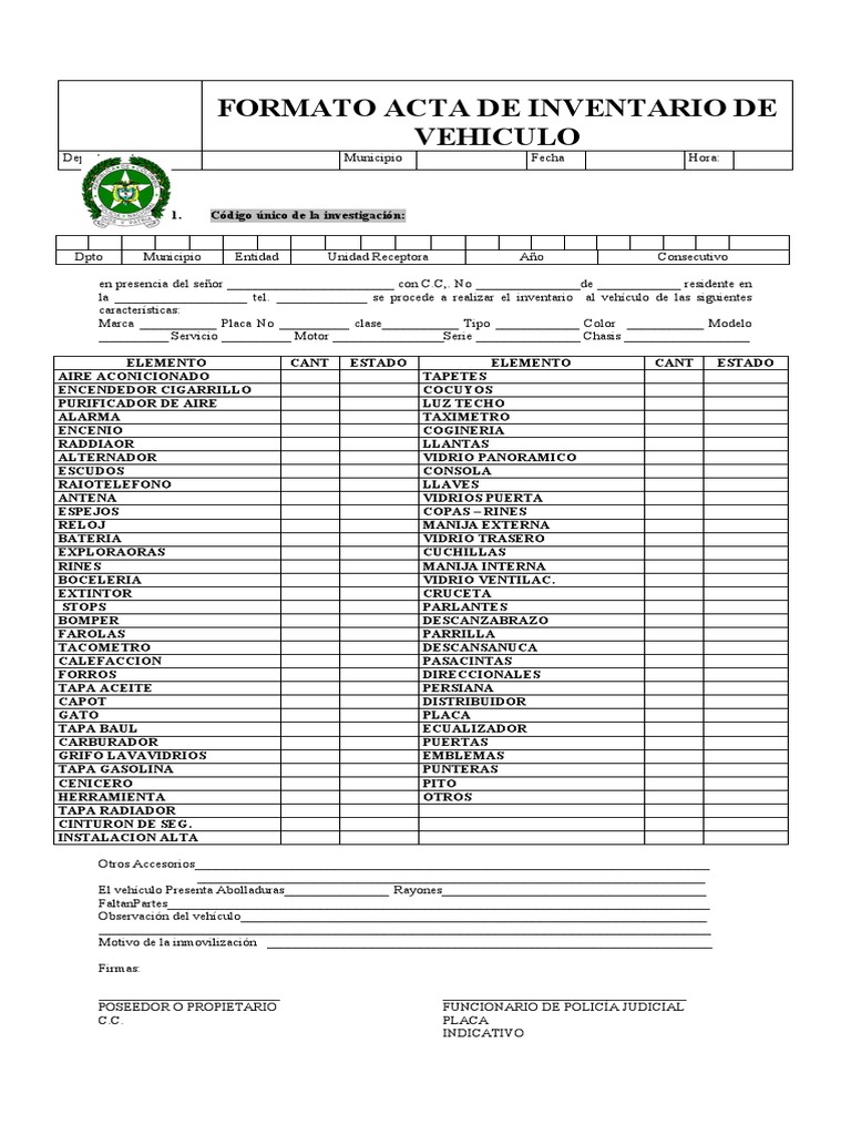 Formato de Inventario Vehicular | PDF | Vehículo de motor | Fabricantes ...
