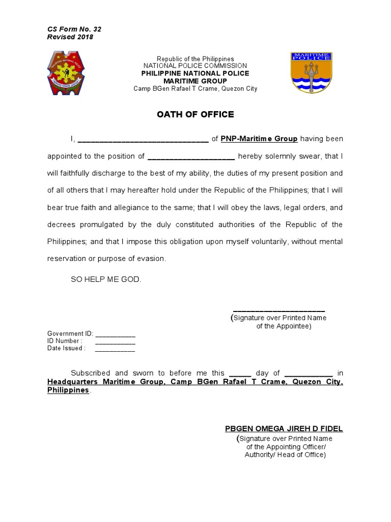 Oath of Office: CS Form No. 32 Revised 2018 | PDF