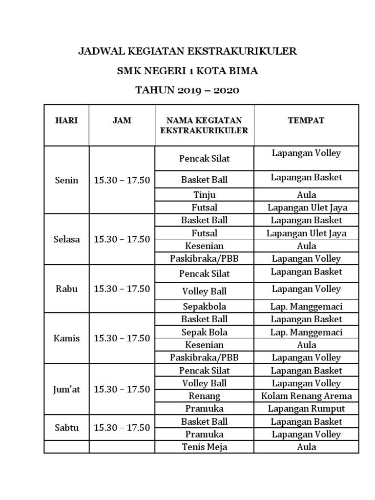 Jadwal Kegiatan Ekstrakurikuler | PDF