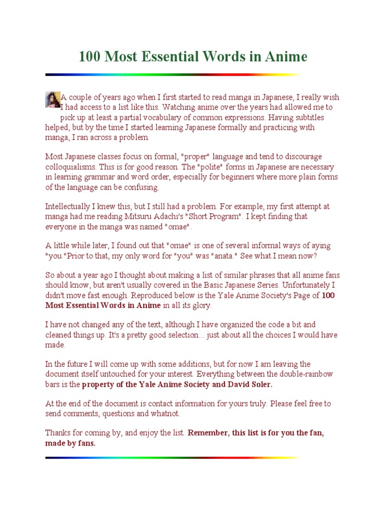 100 Most Essential Words in Anime | PDF | Japanese Language ...