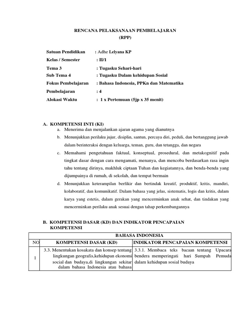 RPP Kelas 2 Tema 3 ST 4 | PDF