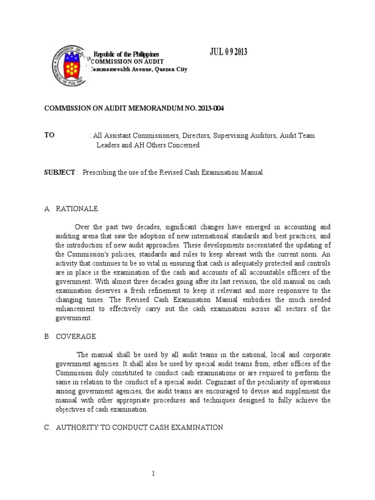 COA - M2013-004 Revised Cash Examination Manual | PDF | Cheque | Payments