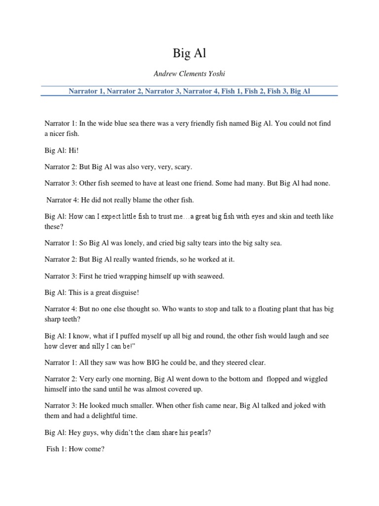 Big Al: Narrator 1, Narrator 2, Narrator 3, Narrator 4, Fish 1, Fish 2, Fish 3, Big Al | PDF