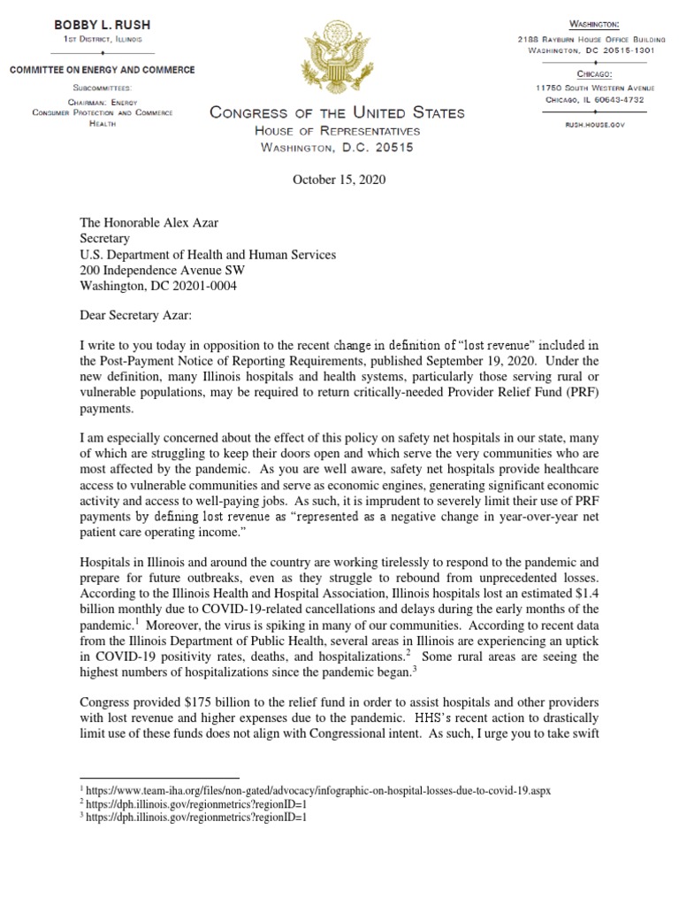 Rush Letter To HHS RE: Safety Net Hospital PRF | PDF | United States ...