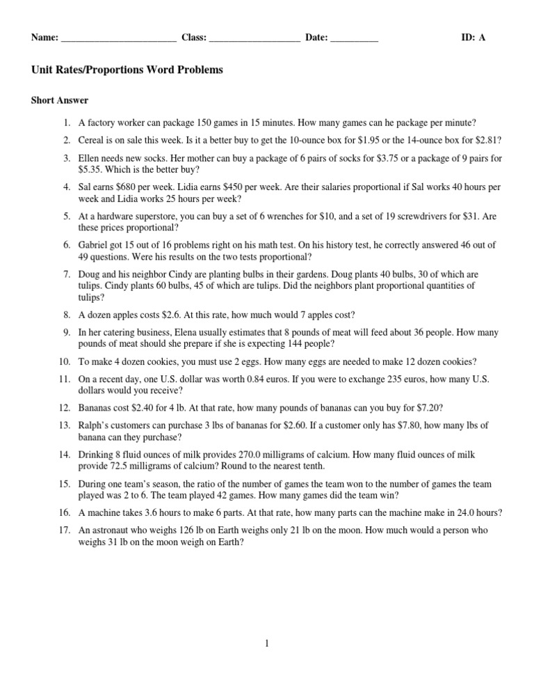 Unit Rates and Proportions Practice | PDF | Pound (Mass) | Business