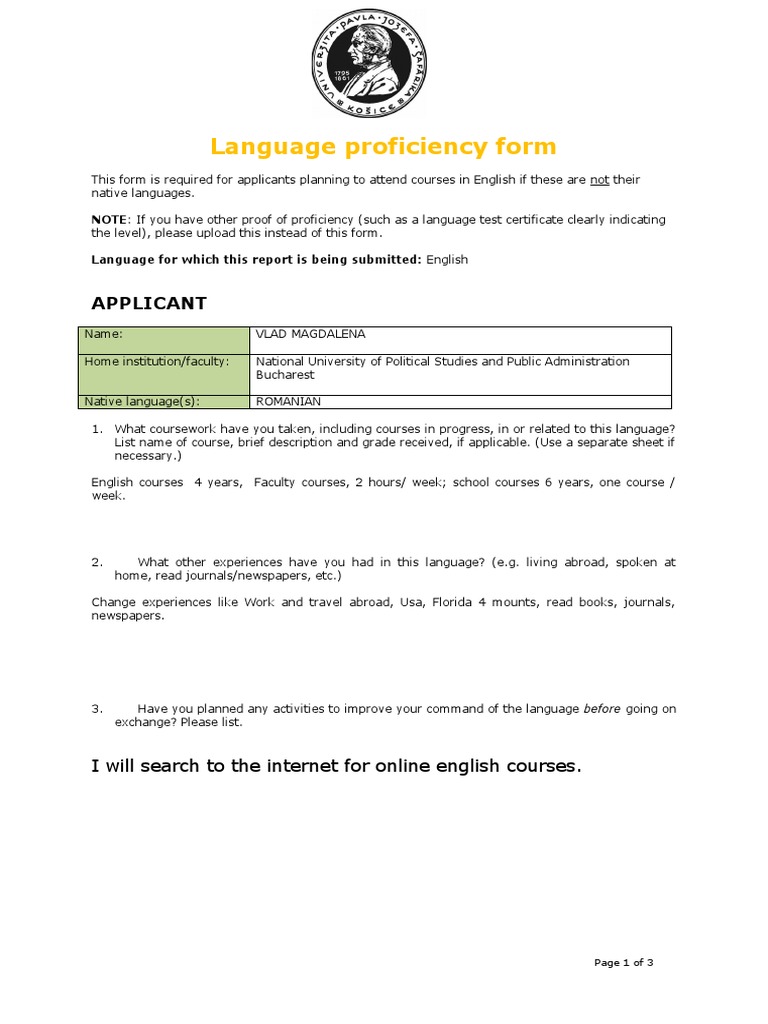 Language Proficiency Form: Applicant | PDF | Applied Linguistics ...