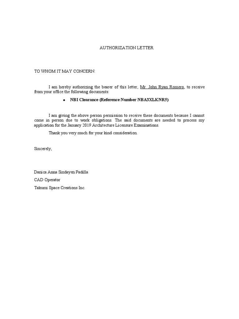 Authorization Letter Nbi | PDF