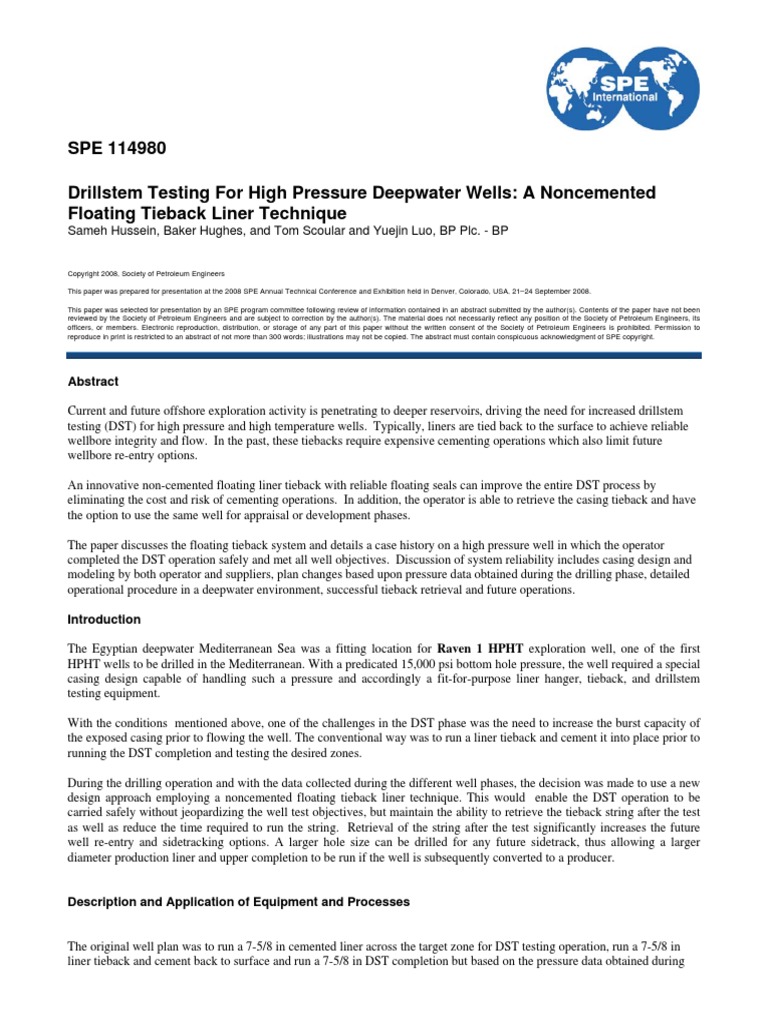 SPE 114980 Drillstem Testing For High Pressure Deepwater Wells: A ...