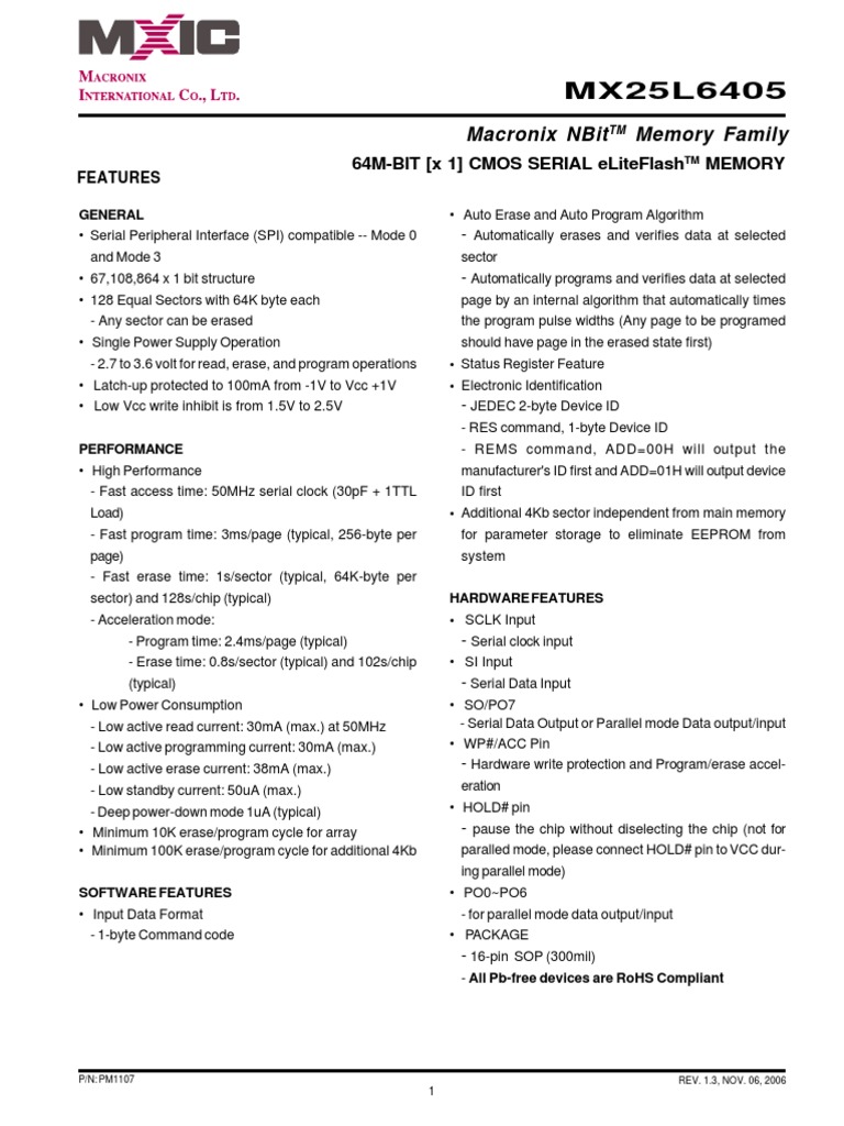 Macronix Nbit Memory Family: 64M-Bit (X 1) Cmos Serial Eliteflash Memory | Download Free PDF ...