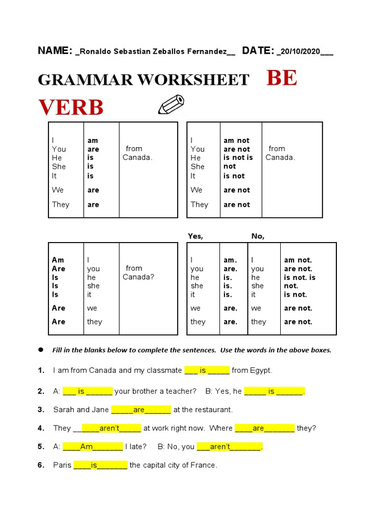 BE Verb: Grammar Worksheet | PDF