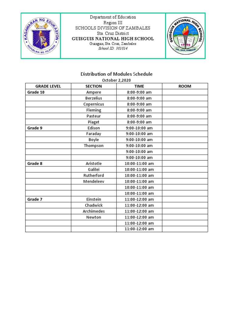 Distribution of Modules Schedule: Guisguis National High School | PDF