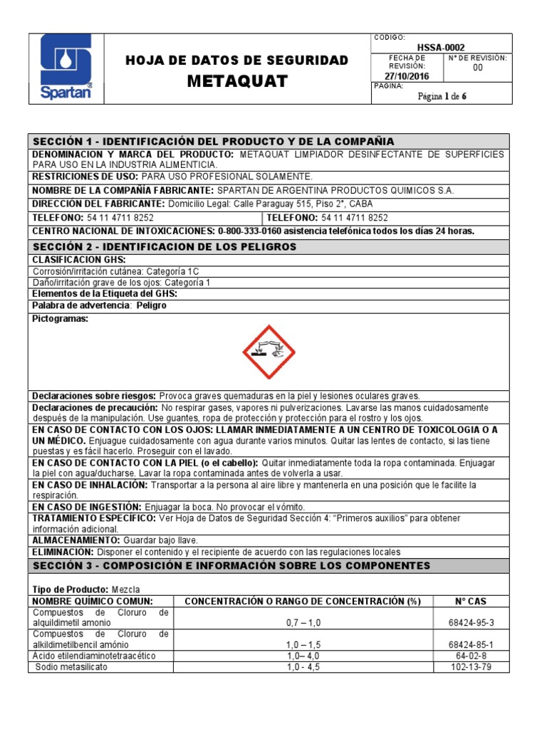 Hoja de datos de seguridad para el limpiador desinfectante Metaquat ...