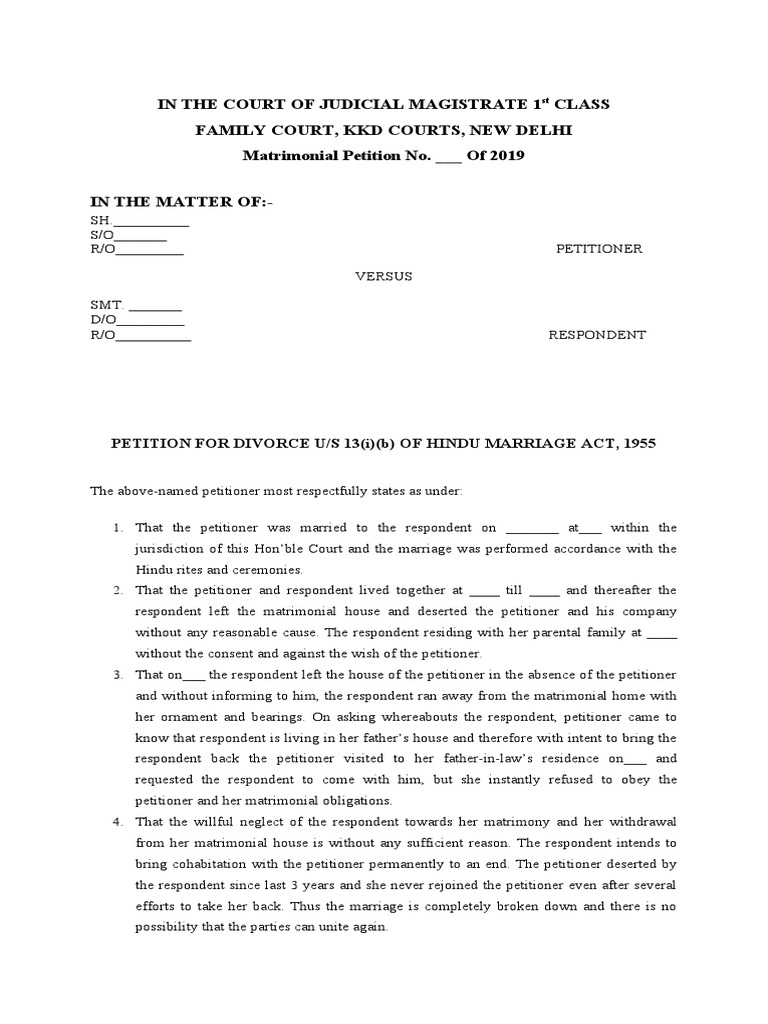 Petition For Divorce Uis 13 (I) (B) of HMA, 1955 | PDF | Marriage | Divorce