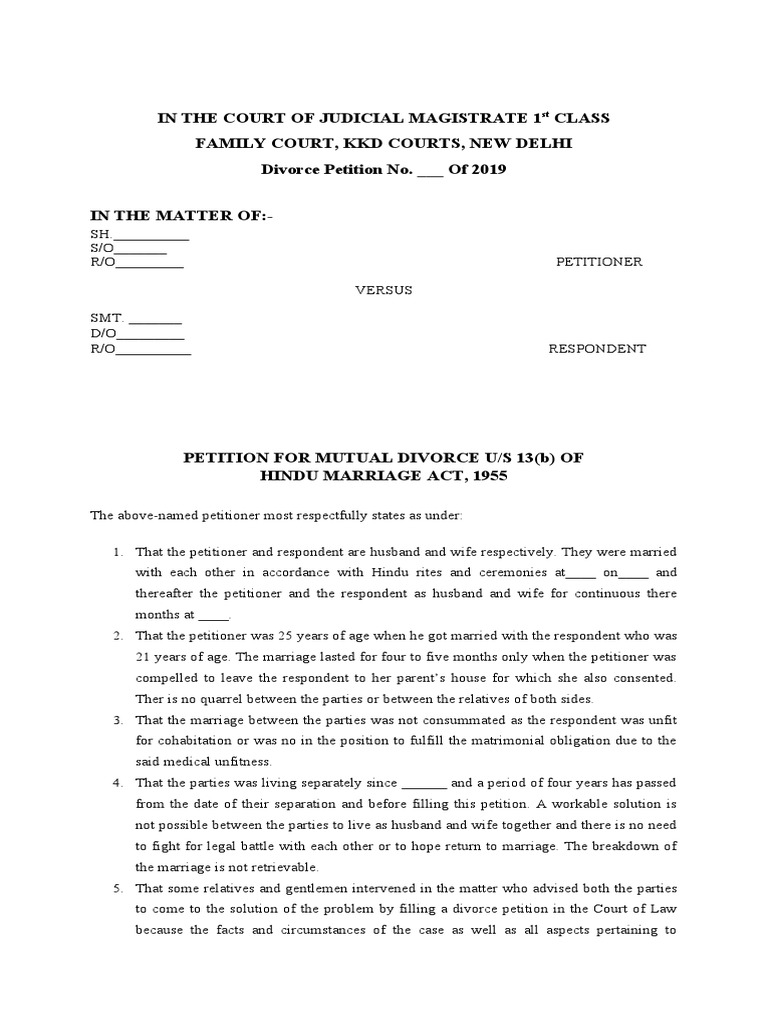 Mutual Divorce Petition Format India | PDF | Affidavit | Divorce