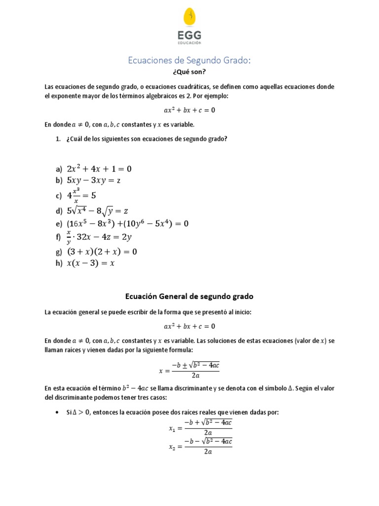 Ec. de Segundo Grado Matemática | PDF | Ecuación cuadrática | Ecuaciones