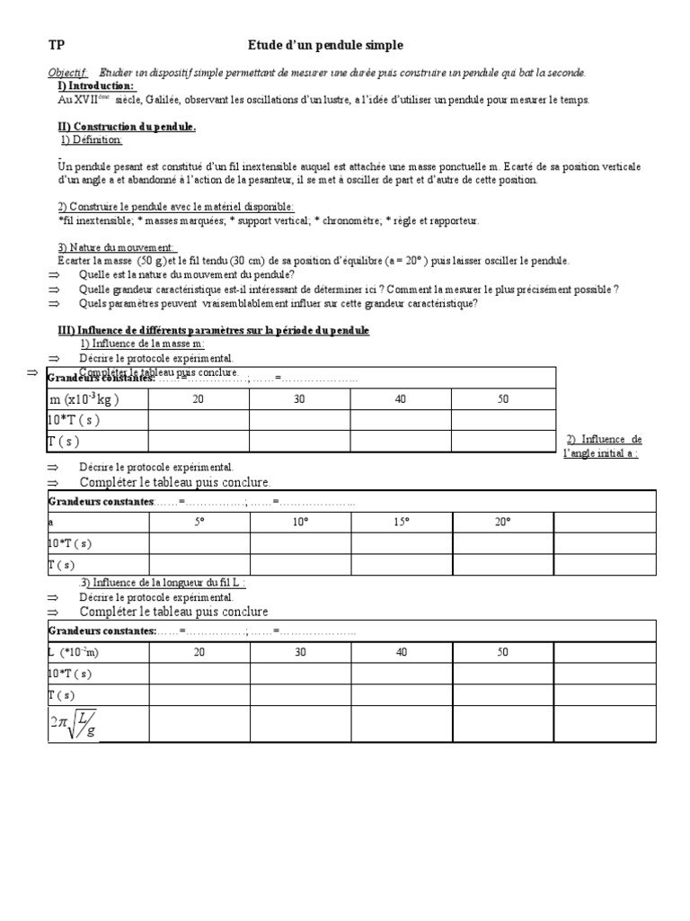 Étude du Pendule Simple et Mesure du Temps | PDF | Pendule (physique) | Masse