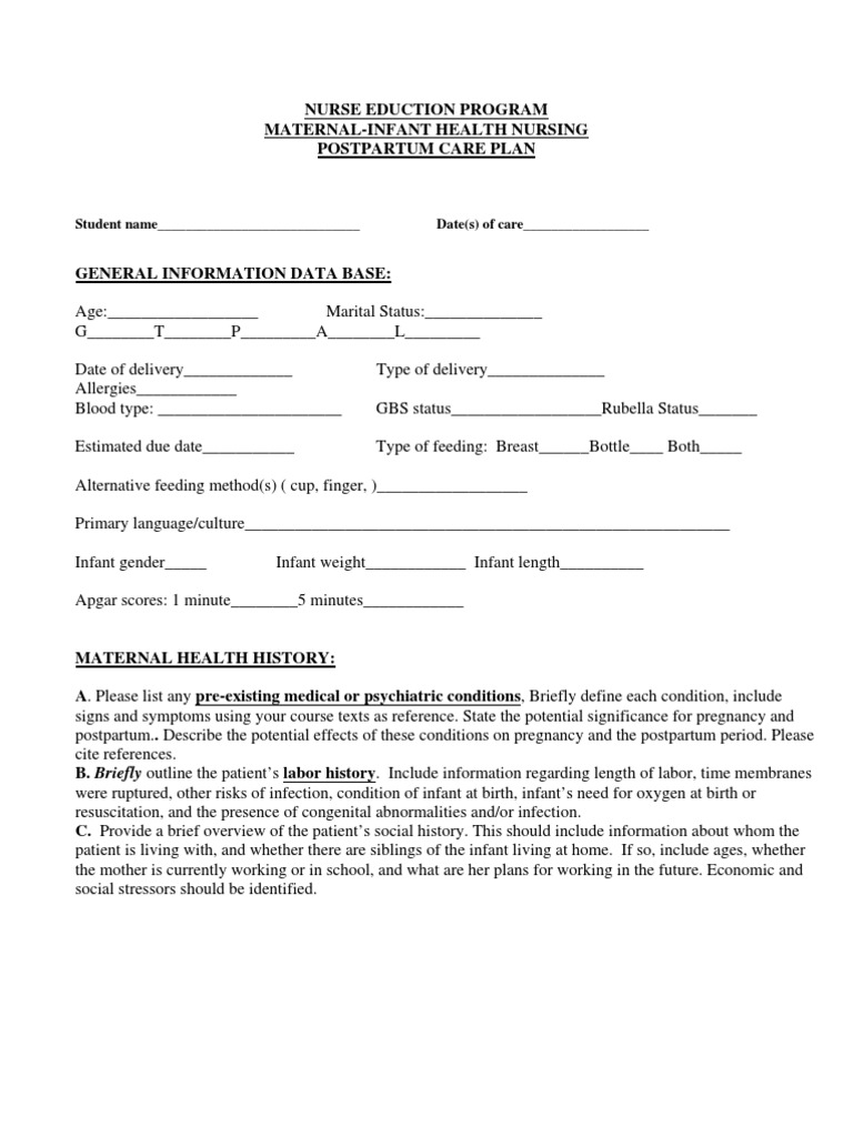 Postpartum Care Plan Template | PDF | Childbirth | Medical Diagnosis