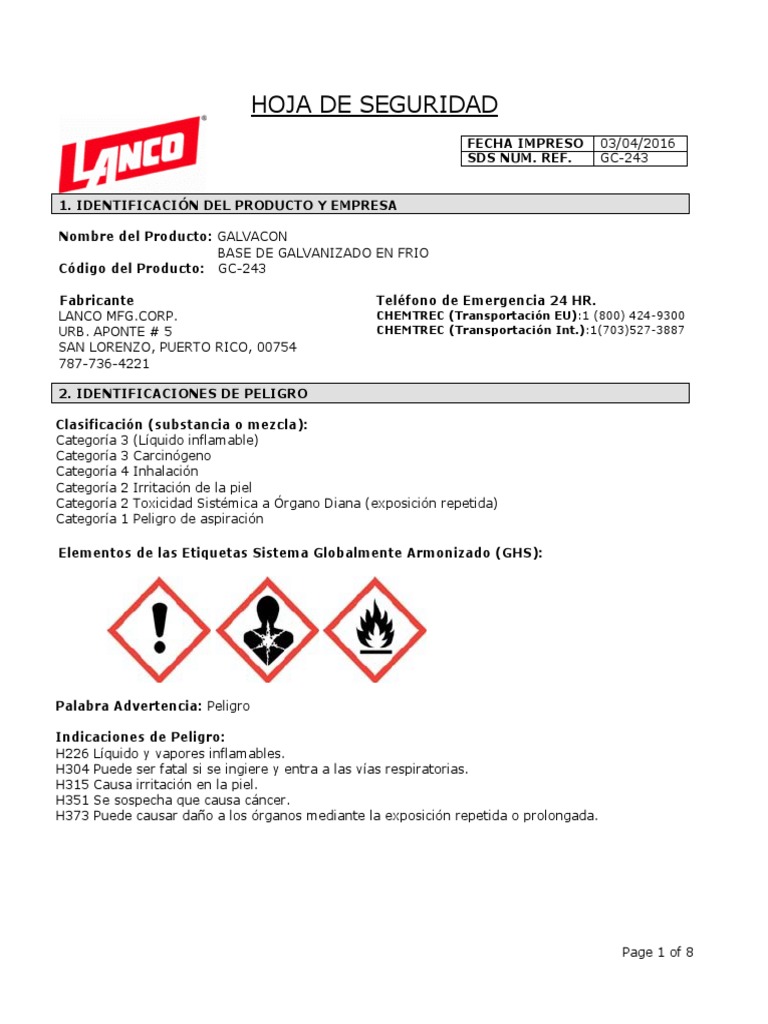 Galvacon HOJA DE SEGURIDAD ESPA - OL PDF | PDF | Compuesto orgánico ...
