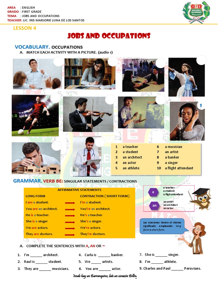 Jobs and Occupations Lesson Plan | PDF | Syntax | Grammar