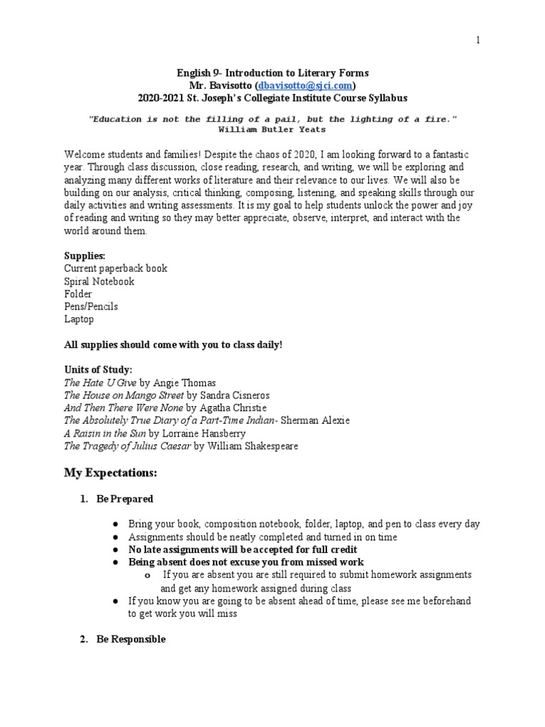 Lit - Form - Syllabus - 2020-2021 (1) 433554 | PDF | Homework | Classroom