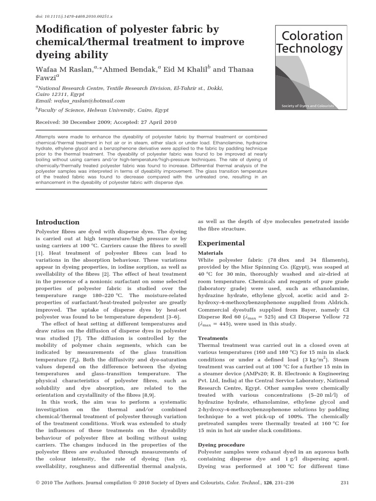 Coloration Technology: Modification of Polyester Fabric by Chemical ...
