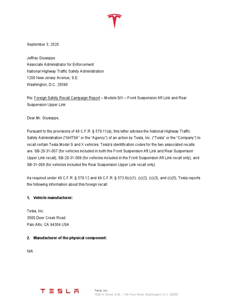 Tesla NHTSA Letter Over Suspension | PDF | National Highway Traffic ...