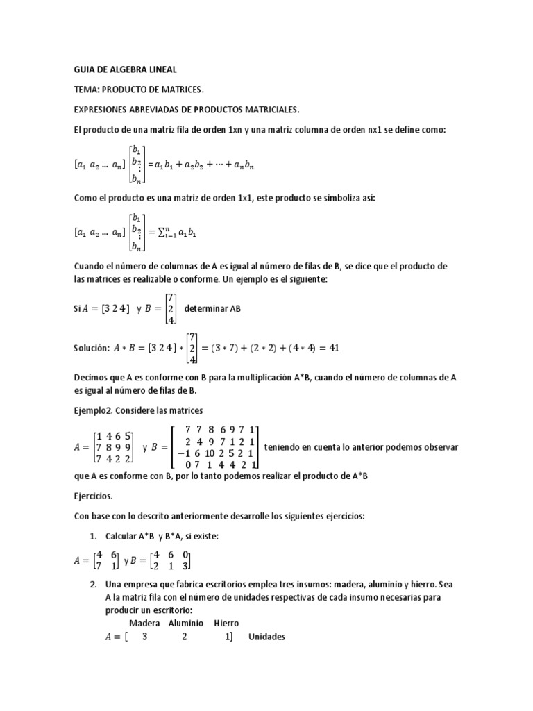 Producto Entre Matrices | PDF | Matriz (Matemáticas) | Álgebra