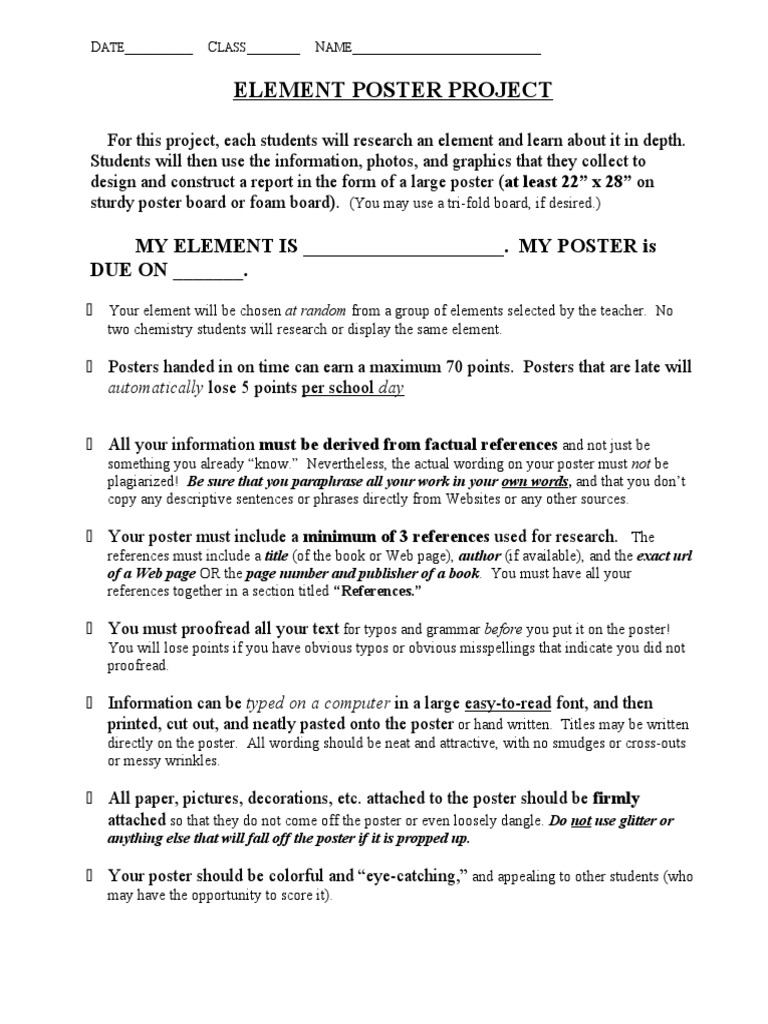 Element Poster Project: MY ELEMENT IS - MY POSTER Is DUE ON | PDF ...