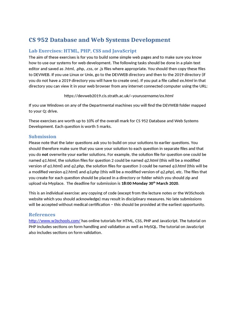 Cs 952 Database and Web Systems Development: Lab Exercises: HTML, PHP ... Cs 952 Database and Web Systems Development: Lab Exercises: HTML, PHP ...