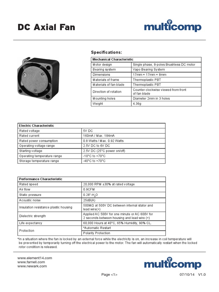 DC Axial Fan: Specifications | PDF | Electric Motor | Force