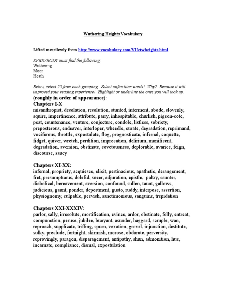 (Roughly in Order of Appearance) : Chapters I-X: Wuthering Heights ...