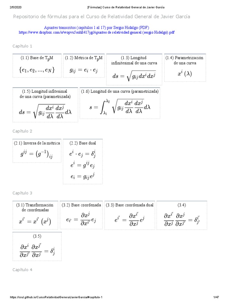 (Fórmulas) Curso de Relatividad General de Javier García | PDF | Teoría ...