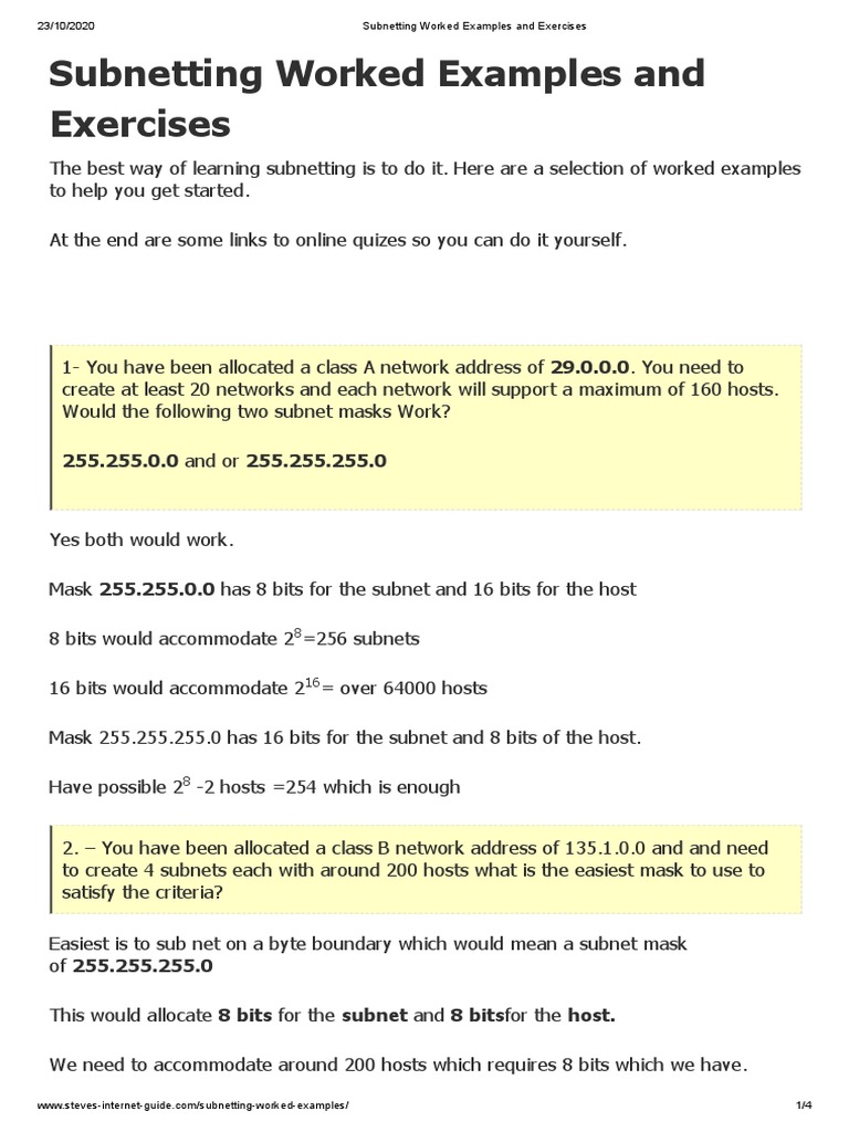 Subnetting Worked Examples and Exercises PDF | PDF | Ip Address ...