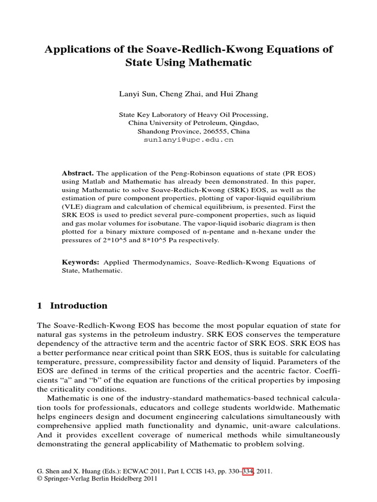 Applications of The Soave-Redlich-Kwong Equations of State Using ...