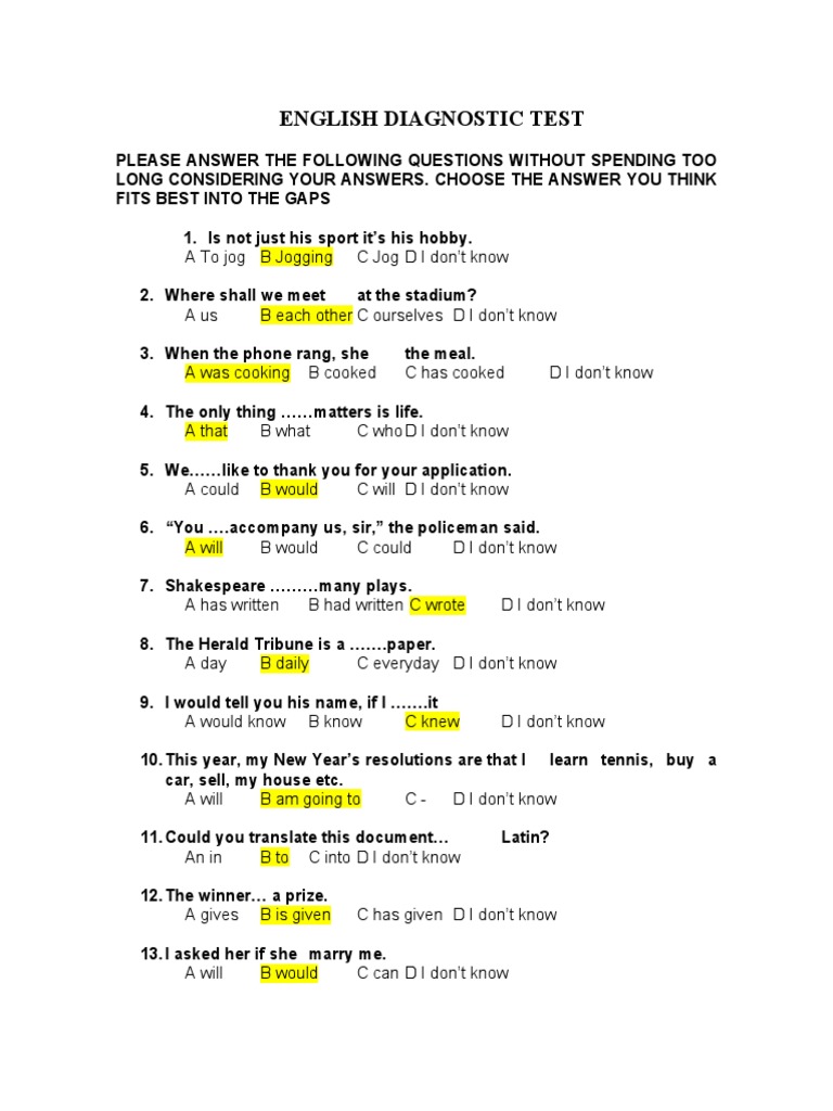 English Diagnostic Test | PDF