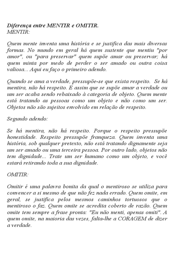 Diferença Entre MENTIR e OMITIR | PDF | Mentira | Amor Diferença Entre MENTIR e OMITIR | PDF | Mentira | Amor